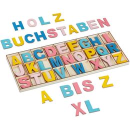 Holzbuchstaben Set, 104-teilig, Großbuchstaben a-z, 5 cm hoch, xl Buchstaben zum Basteln, Deko Alphabet, bunt - Relaxdays