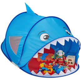 Spielzelt Hai, Pop Up Zelt Kinder, Jungen & Mädchen, Kinderzelt drinnen & draußen, 86 x 100 x 182 cm, blau/rot - Relaxdays