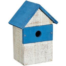 Relaxdays - Deko Vogelhaus, h x b x t: 25,5 x 17,5 x 12,5 cm, zum Aufhängen, Shabby Look, Dekohäuschen Garten, weiß/blau