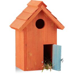 Nistkasten, Vogelhäuschen, Holz, Tür, aufhängen, kleines Flugloch, Singvögel, hbt: 24,3 x 17 x 12 cm, orange - Relaxdays