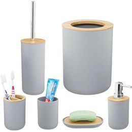 Badezimmer Set, 6-teilig, Badaccessoires Kunststoff, Bambus, komplette Badezimmerausstattung, Badset, grau - Relaxdays