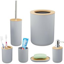 Relaxdays - Badezimmer Set, 6-teilig, Badaccessoires Kunststoff, Bambus, komplette Badezimmerausstattung, Badset, grau