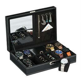 Uhrenbox für 8 Uhren, Uhrenkasten mit Schmuckablage, Lederoptik, Samtbezug, HxBxT: 8 x 30 x 20,5 cm, schwarz - Relaxdays