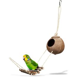 Relaxdays - Vogelspielzeug, Holzleiter, Kokosschale, Vogelkäfig Zubehör für Wellensittich, Kanarienvogel, Vogelnest, natur