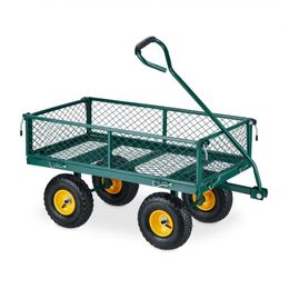 Handwagen, praktischer Bollerwagen für den Garten, Luftbereifung, klappbare Seitenteile, bis 200 kg, grün-gelb - Relaxdays
