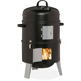 Smoker 3in1, zum Grillen, Räuchern & Garen, Thermometer & Luftabzug, bbq Räuchertonne: ∅ 40 cm, Stahl, schwarz - Relaxdays