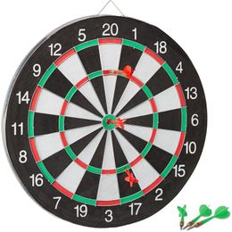 Relaxdays - Dartscheibe X2 mit Pfeilen, 43 cm, 6 x Pfeile, zweiseitig, Steeldarts, Dartboard klassisch, schwarz-weiß