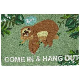 Fußmatte Kokos Come In & Hang Out, Faultier-Motiv, Türmatte außen & innen, Kokosmatte 60x40 cm, grün/braun - Relaxdays