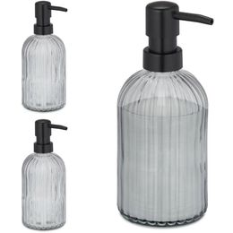 Glas Seifenspender, 3er Set, Pumpkopf, nachfüllbar, Badezimmer, Küche, Flüssigseifenspender, 400 ml, schwarz - Relaxdays