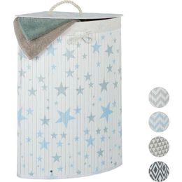 Eckwäschekorb Bambus, faltbare Wäschebox 60 l, mit Deckel, Sterne, Wäschesack, 65,5 x 49,5 x 37 cm, weiß-blau - Relaxdays