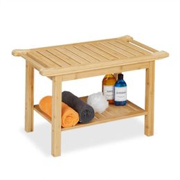 Badhocker aus Bambus, extra Ablagefläche & Griffe, HxBxT: 45 x 75 x 40,5 cm, Sitzbank für 2 Personen, natur - Relaxdays