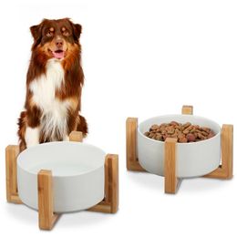 Relaxdays - Hundenapf 2er Set, 1 l, für Futter & Wasser, Futternapf mit Bambus-Gestell, hbt: 10,5 x 20 x 20 cm, weiß/natur