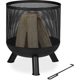 Relaxdays - Feuerkorb, Mesh Design, Feuerrost, Schürhaken, Feuer im Garten, Feuertonne, Stahl, HxD: 53 x 44 cm, schwarz