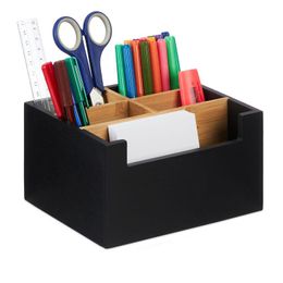 Relaxdays - Schreibtisch Organizer, Bambus, 5 Fächer, für Bürobedarf & Kosmetik, Stiftebox, hbt: 9,5 x 18 x 15 cm, schwarz