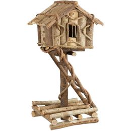 Relaxdays - Vogelhaus stehend, unbehandeltes Deko Vogelhäuschen auf Ständer, handgemachtes Holzhaus mit Leiter, natur