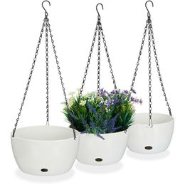 Blumenampel mit Wasserspeicher, Set, 3 Größen, Selbstbewässerung, außen & innen, hängender Blumentopf, weiß - Relaxdays