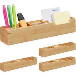 Relaxdays - 4 x Schreibtisch Organizer Bambus, 11 Fächer Aufbewahrungsbox, Stifteköcher, Büro Organizer, HxBxT: 6 x 32 x 7 cm, natur