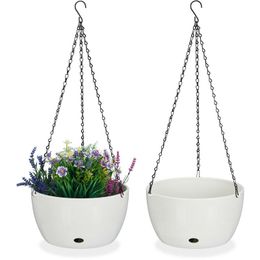 Blumenampel mit Wasserspeicher, 2er Set, HxD 67x28,5 cm, außen & innen, hängender Blumentopf, Kunststoff, weiß - Relaxdays