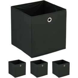 Aufbewahrungsbox, 4er Set, faltbar, HxBxT: 30 x 30 x 30 cm, Stoffbox mit Griffloch, Regalbox offen, schwarz - Relaxdays