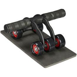 Relaxdays - Bauchroller mit 5 Rädern, Bauchtrainer für Zuhause, Damen & Herren, Fitnessrolle mit Kniematte, schwarz/rot