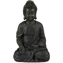 Buddha Figur sitzend, 30 cm, Gartenfigur, Dekofigur Wohnzimmer, Polyresin, wetterfest, frostsicher, dunkelgrau - Relaxdays