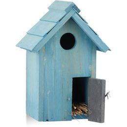 Nistkasten, Vogelhäuschen, Holz, Tür, aufhängen, kleines Flugloch, Singvögel, hbt: 24,3 x 17 x 12 cm, hellblau - Relaxdays