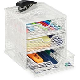 Relaxdays - Schubladenbox Metall, Schreibtisch Organizer mit 3 Schubfächern, hbt: 17x16x17 cm, Aufbewahrungsbox Büro, weiß