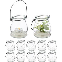 Windlicht, 12er Set, Glas, mit Henkel, innen & außen, Teelichthalter, h x d: 10 x 8,5 cm, transparent/schwarz - Relaxdays