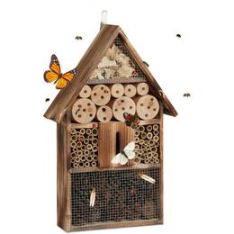 Insektenhotel 50 cm groß, Zum Aufhängen, Bienenhotel und Schmetterlingshaus, Geflämmtes Holz, natur - Relaxdays