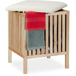 Wäschekorb mit Sitz, Badhocker mit Stauraum, 40 l Wäschesammler, Holz/Stoff, hbt: 51 x 41 x 41 cm, natur/weiß - Relaxdays