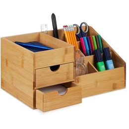Schreibtisch Organizer, 2 Schubladen, 7 Fächer, HxBxT: 15,5 x 33 x 20,5 cm, Utensilienbox, Bambus, natur - Relaxdays