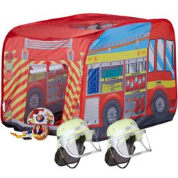 Relaxdays - 3 tlg. Feuerwehr Set, Spielzelt Feuerwehr, 2x Feuerwehrhelm Kinder, Kinderzelt für Drinnen & Draußen, ab 3, mehrfarbig