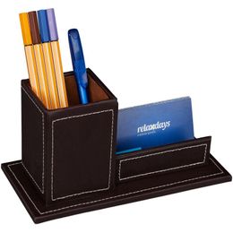 Schreibtisch Organizer mit Stiftebecher & Visitenkartenhalter, Kunstleder, hbt: 10,5 x 20 x 10 cm, braun - Relaxdays
