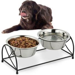 Futterstation Hunde, Napfständer kleine Hunde, Hundebar 2 Edelstahlnäpfe je 2,2 l, Futterbar, schwarz/silber - Relaxdays