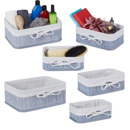 Relaxdays - 6-tlg. Aufbewahrungskorb Set, Bambus, Stoffeinlage, eckige Aufbewahrungsbox für Regal & Schrank, 3 Größen, grau/creme