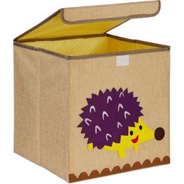Aufbewahrungsbox, Igel-Motiv, Stoffbox für Kinder, faltbar, hbt: 33 x 33 x 33 cm, Spielzeugbox, beige/lila - Relaxdays