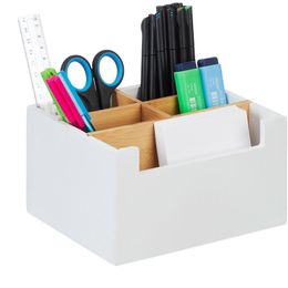 Relaxdays - Schreibtisch Organizer, Bambus, 5 Fächer, für Bürobedarf & Kosmetik, Stiftehalter, hbt: 9,5 x 18 x 15 cm, weiß