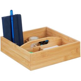 Bambus Organizer mit Griff, 4 Fächer, HxBxT: 6,5 x 25 x 25 cm, Aufbewahrungsbox für Büro, Bad & Küche, natur - Relaxdays