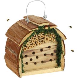 Insektenhotel, Nisthilfe für Bienen und Wespen, für Garten und Balkon, HxBxT 15,5 x 16 x 10,5 cm, natur/grün - Relaxdays