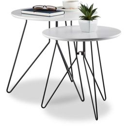 Relaxdays - Beistelltisch 2er-Set, runde Satztische mit Metallgestell, Ablagetische, Tischplatte 40 u. 48 cm, weiß/schwarz