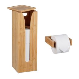 Relaxdays - Toilettenpapierhalter Set, Bambus, 4 Rollen, WC-Rollenhalter Wandmontage & Ersatzrollenhalter stehend, natur