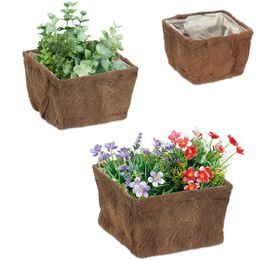 Blumentopf 3er Set, Kokosfaser, quadratisch, 3 Größen, Garten, Balkon & Fensterbank, Übertopf mit Folie, natur - Relaxdays