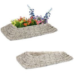 Relaxdays Blumentopf, 2er Set, Rattan, Pflanzentöpfe mit Folie, HBT: 10 x 55 x 25 cm, Pflanzkörbe für innen, weiß/natur