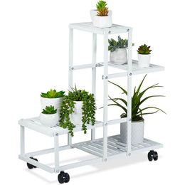 Pflanzenständer, 4 Ablagen, Pflanzentreppe für Blumen & Kräuter, Metall Blumenständer mit Rollen, Stahl, weiß - Relaxdays