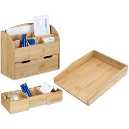 Relaxdays - 3 tlg. Schreibtisch-Organizer Set Bambus, Karteikasten zum Ausziehen, Stehsammler mit 2 Schubladen, Briefablage, natur