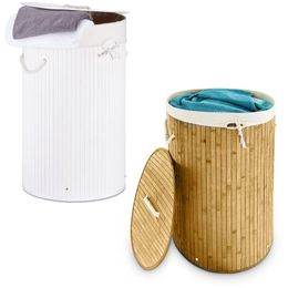Relaxdays 2 x Wäschekorb rund im Set, Wäschetrennsystem aus Bambus, Wäschesammler mit herausnehmbarem Wäschesack, je 80 l, natur und weiß