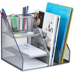 Schreibtischorganizer 7 Fächer, Stiftablage Metall, h x b x t: 26 x 31 x 25,5 cm, Büro Organizer, Mesh, silber - Relaxdays