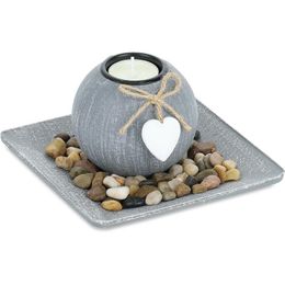 Teelichthalter Set mit Tablett & Steinen, 15,5 x 15,5 cm, Tischdeko Wohnzimmer, Esszimmer, Kerzenhalter, grau - Relaxdays