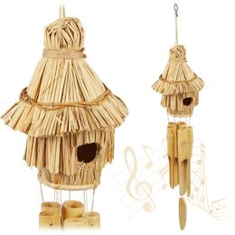Windspiel 2er Set, aus Bambus u. Stroh, für innen u. außen, Deko mit Vogelhaus, HxBxT: 37,5x17,5x16 cm, natur - Relaxdays