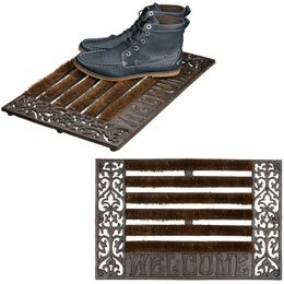 Relaxdays 2 x Fußabtreter Gusseisen mit Bürsten, rechteckig, welcome Fußabstreifer im Jugendstil, hbt: 4 x 57 x 37 cm, bronze